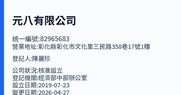 元八有限公司的照片-統編 82965683(彰化縣) 公司登記資料與營業項目詳細圖表