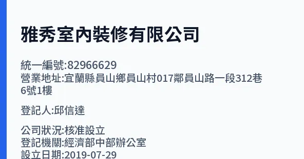 雅秀室內裝修有限公司的照片-統編 82966629(宜蘭縣) 公司登記資料與營業項目詳細圖表