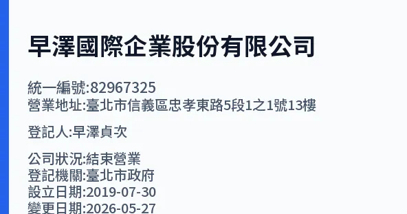 早澤國際企業股份有限公司的照片-統編 82967325(臺北市) 公司登記資料與營業項目詳細圖表