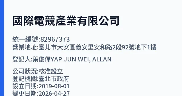 國際電競產業有限公司的照片-統編 82967373(臺北市) 公司登記資料與營業項目詳細圖表