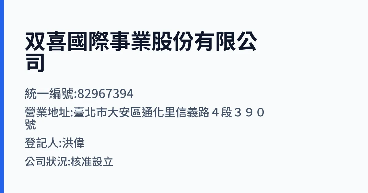 双喜國際事業股份有限公司 - 統編 82967394(臺北市) 公司登記資料與營業項目詳細圖表