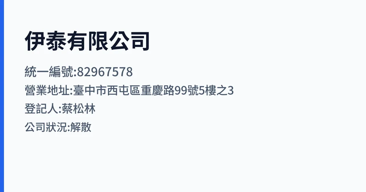 伊泰有限公司 - 統編 82967578(臺中市) 公司登記資料與營業項目詳細圖表