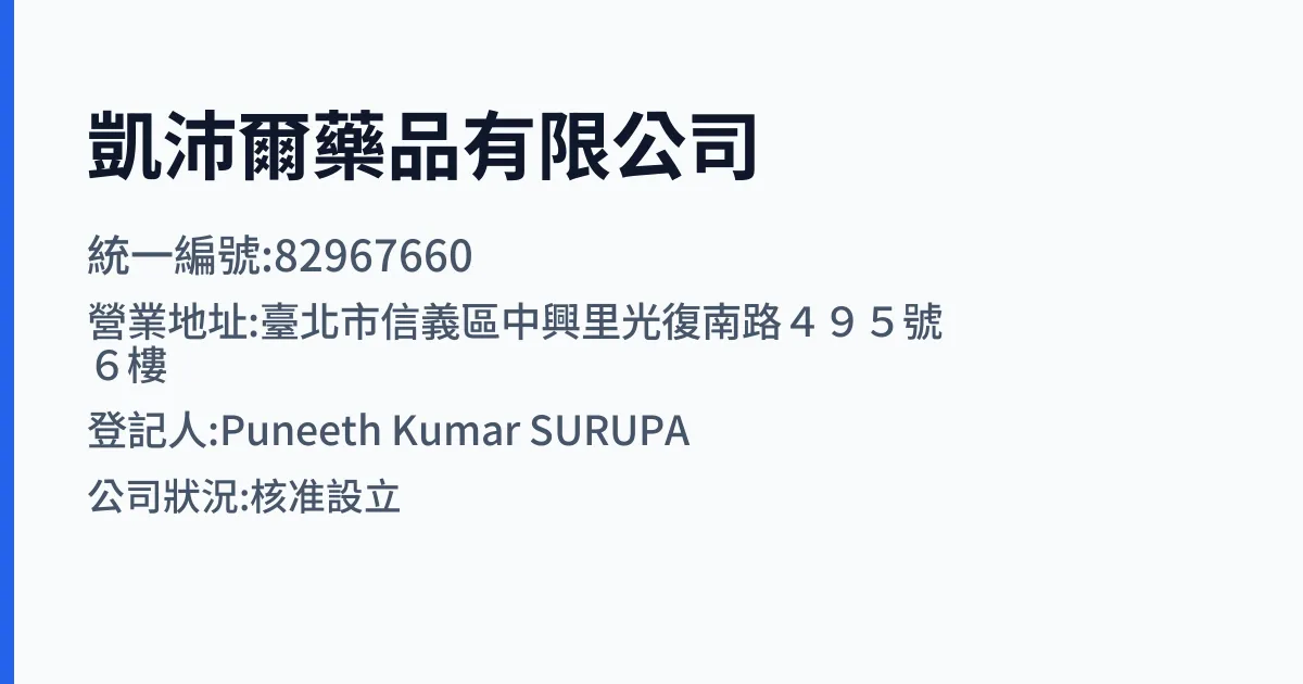 凱沛爾藥品有限公司 - 統編 82967660(臺北市) 公司登記資料與營業項目詳細圖表