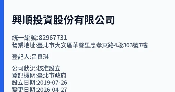 興順投資股份有限公司的照片-統編 82967731(臺北市) 公司登記資料與營業項目詳細圖表