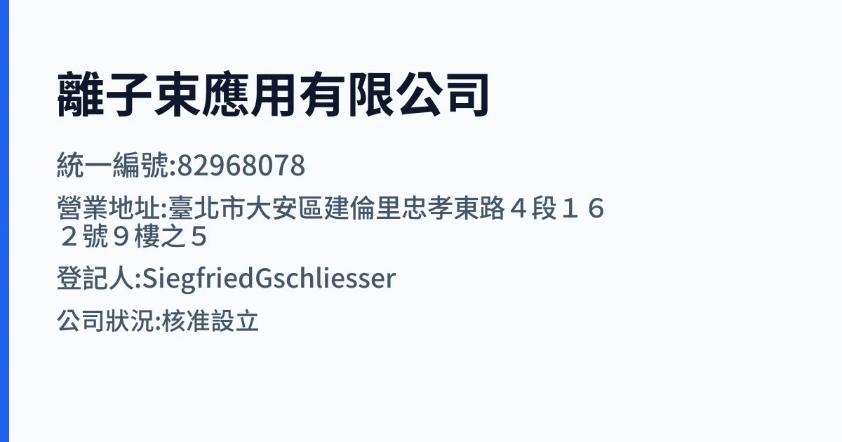 離子束應用有限公司 - 統編 82968078(臺北市) 公司登記資料與營業項目詳細圖表