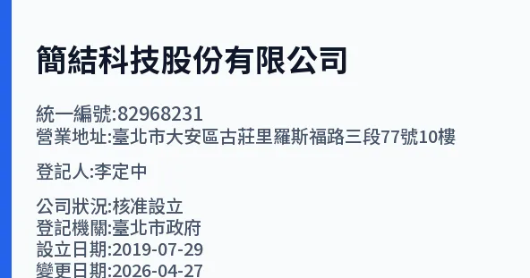 簡結科技股份有限公司的照片-統編 82968231(臺北市) 公司登記資料與營業項目詳細圖表