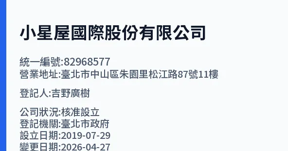小星屋國際股份有限公司的照片-統編 82968577(臺北市) 公司登記資料與營業項目詳細圖表
