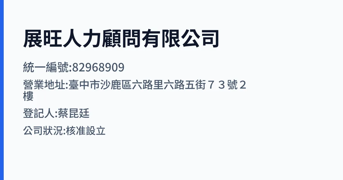 展旺人力顧問有限公司 - 統編 82968909(臺中市) 公司登記資料與營業項目詳細圖表