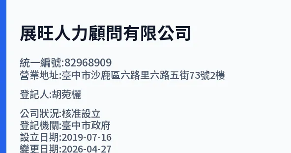 展旺人力顧問有限公司的照片-統編 82968909(臺中市) 公司登記資料與營業項目詳細圖表