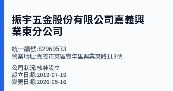 振宇五金股份有限公司嘉義興業東分公司的照片-統編 82969533(嘉義市) 公司登記資料與營業項目詳細圖表