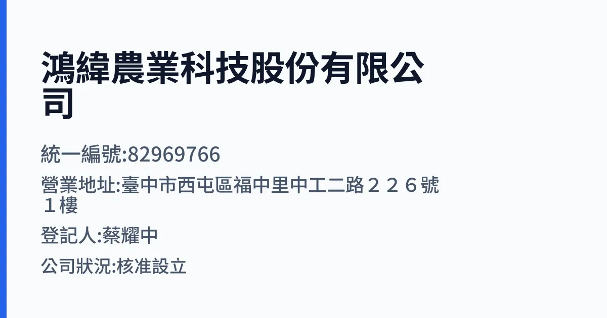 鴻緯農業科技股份有限公司 - 統編 82969766(臺中市) 公司登記資料與營業項目詳細圖表