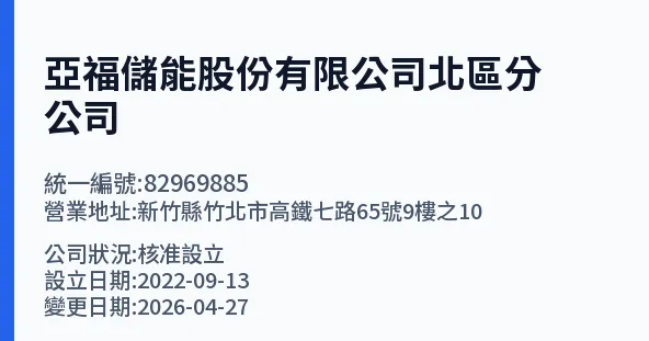亞福儲能股份有限公司北區分公司的照片-統編 82969885(新竹縣) 公司登記資料與營業項目詳細圖表