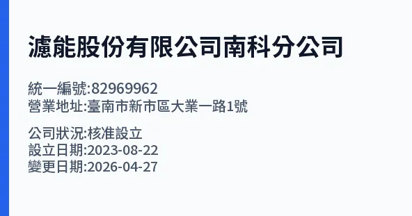 濾能股份有限公司南科分公司的照片-統編 82969962(臺南市) 公司登記資料與營業項目詳細圖表