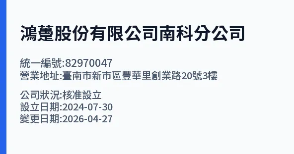 鴻躉股份有限公司南科分公司的照片-統編 82970047(臺南市) 公司登記資料與營業項目詳細圖表