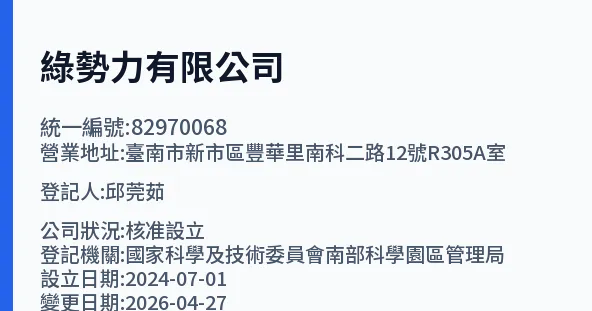 綠勢力有限公司的照片-統編 82970068(臺南市) 公司登記資料與營業項目詳細圖表