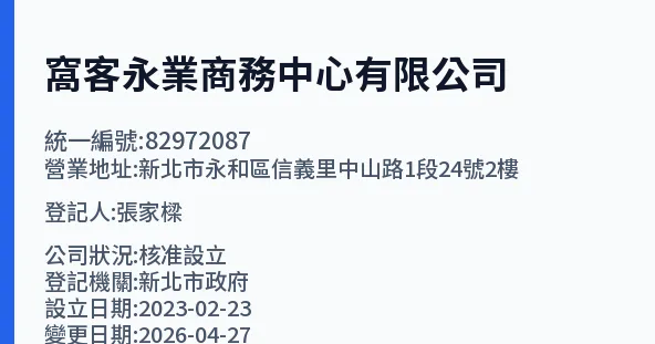 窩客永業商務中心有限公司的照片-統編 82972087(新北市) 公司登記資料與營業項目詳細圖表