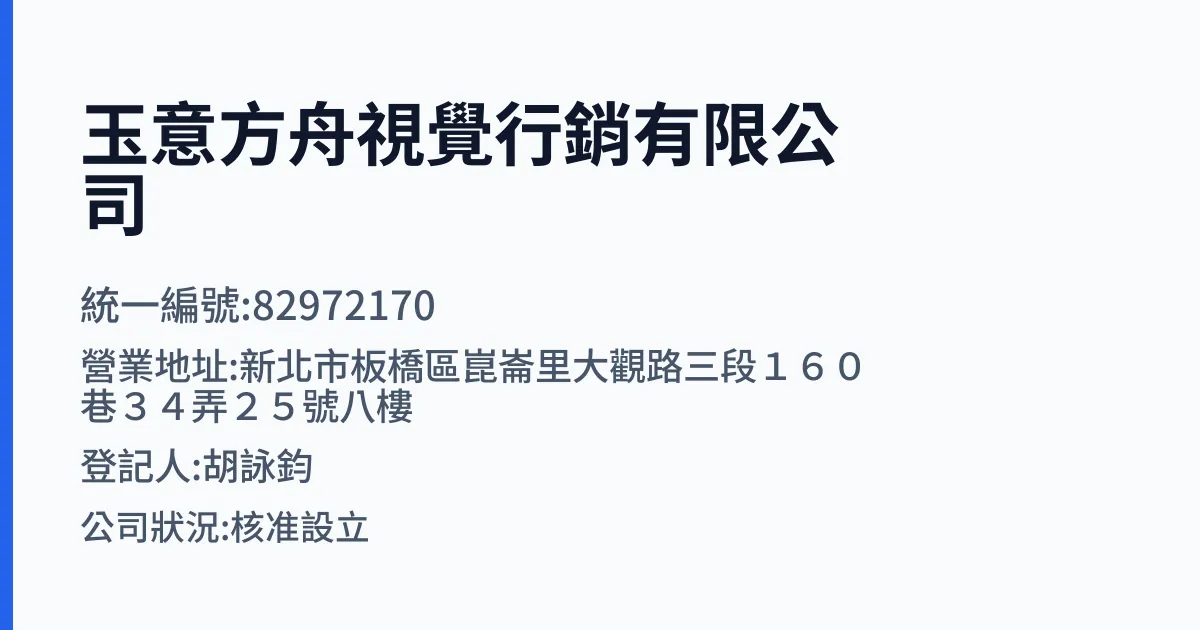 玉意方舟視覺行銷有限公司 - 統編 82972170(新北市) 公司登記資料與營業項目詳細圖表