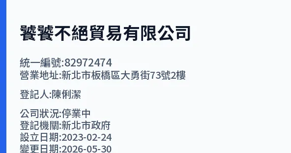 饕饕不絕貿易有限公司的照片-統編 82972474(新北市) 公司登記資料與營業項目詳細圖表