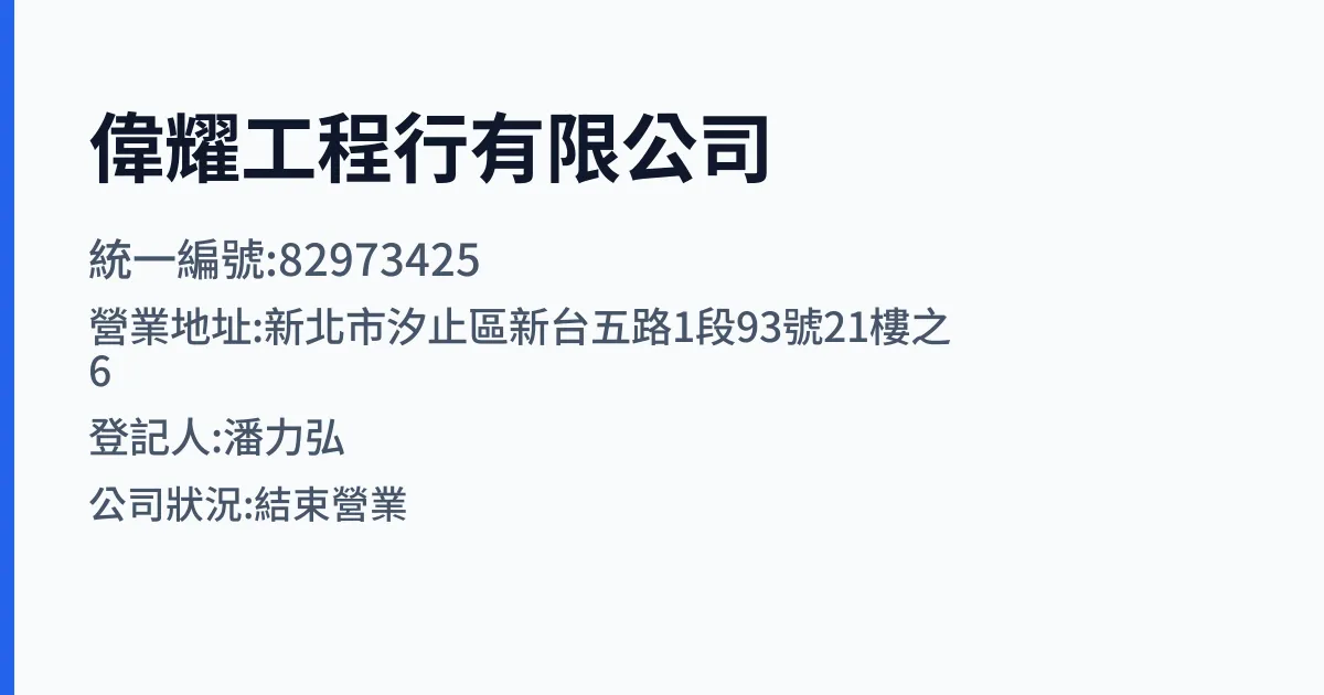 偉耀工程行有限公司 - 統編 82973425(新北市) 公司登記資料與營業項目詳細圖表