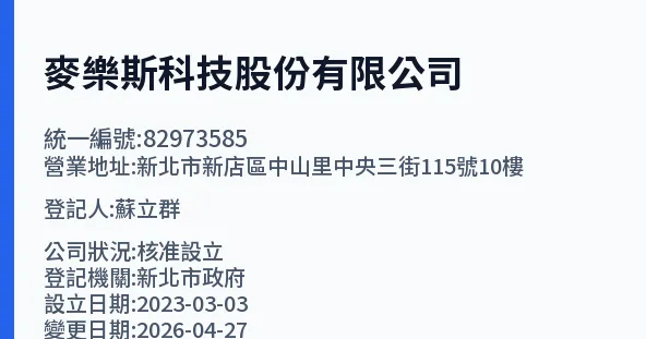 麥樂斯科技股份有限公司的照片-統編 82973585(新北市) 公司登記資料與營業項目詳細圖表