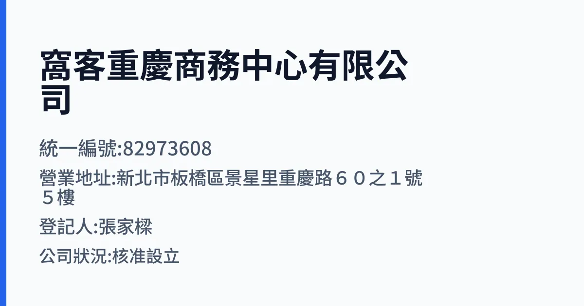 窩客重慶商務中心有限公司 - 統編 82973608(新北市) 公司登記資料與營業項目詳細圖表