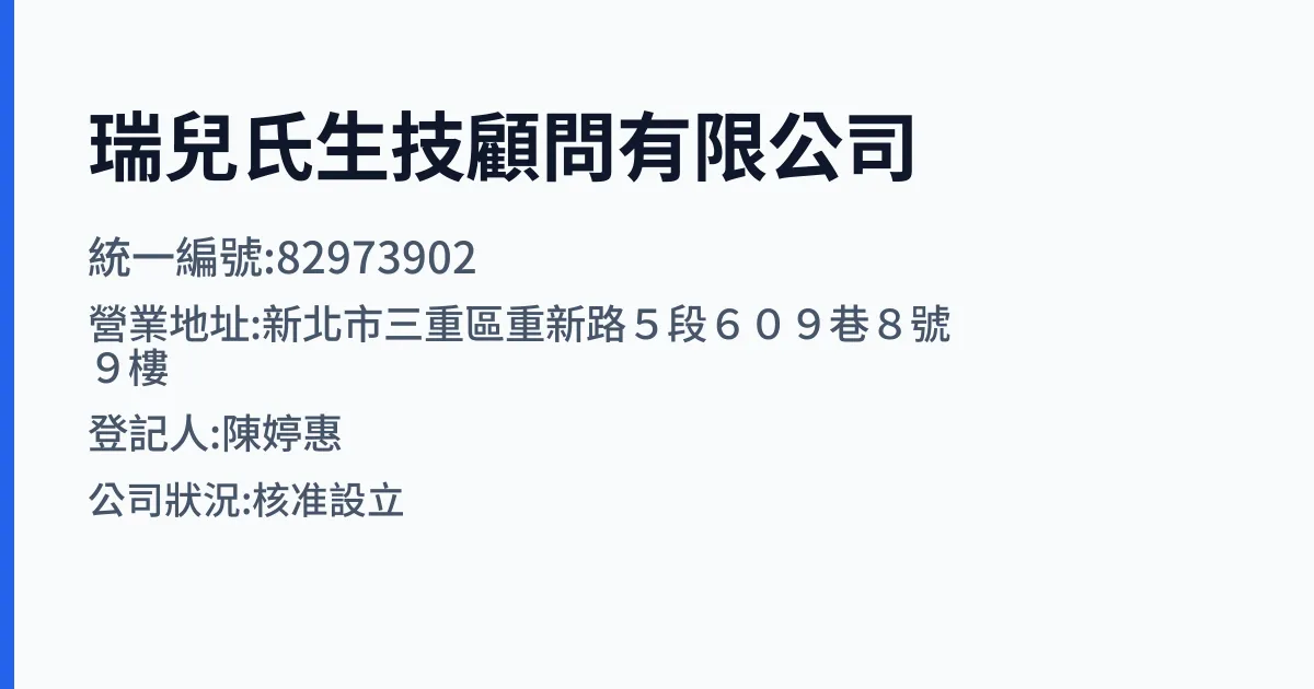 瑞兒氏生技顧問有限公司 - 統編 82973902(新北市) 公司登記資料與營業項目詳細圖表