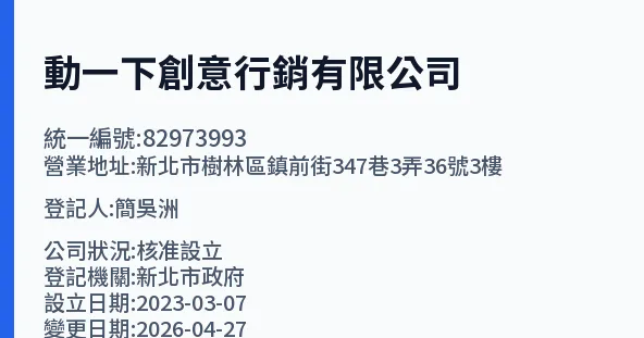 動一下創意行銷有限公司的照片-統編 82973993(新北市) 公司登記資料與營業項目詳細圖表