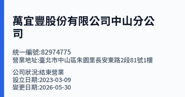 萬宜豐股份有限公司中山分公司的照片-統編 82974775(臺北市) 公司登記資料與營業項目詳細圖表