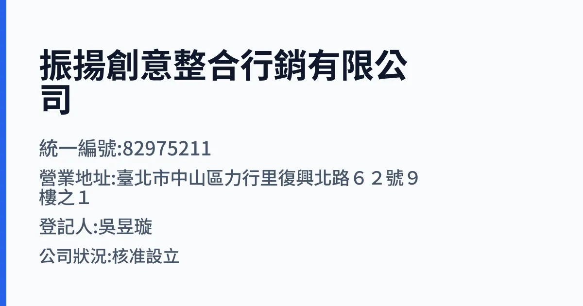 振揚創意整合行銷有限公司 - 統編 82975211(臺北市) 公司登記資料與營業項目詳細圖表