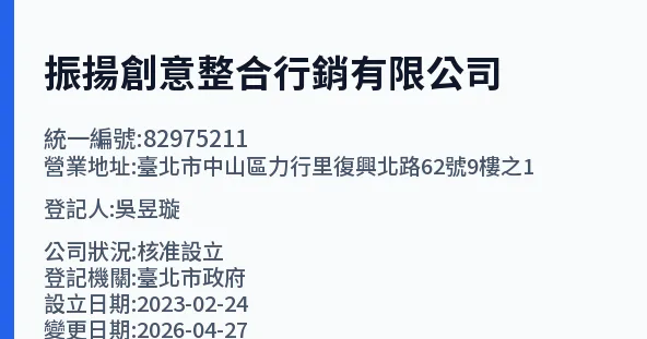振揚創意整合行銷有限公司的照片-統編 82975211(臺北市) 公司登記資料與營業項目詳細圖表