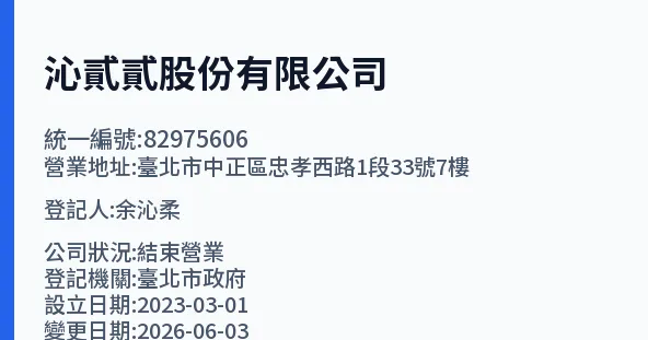 沁貳貳股份有限公司的照片-統編 82975606(臺北市) 公司登記資料與營業項目詳細圖表