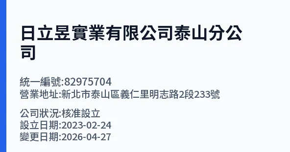 日立昱實業有限公司泰山分公司的照片-統編 82975704(新北市) 公司登記資料與營業項目詳細圖表