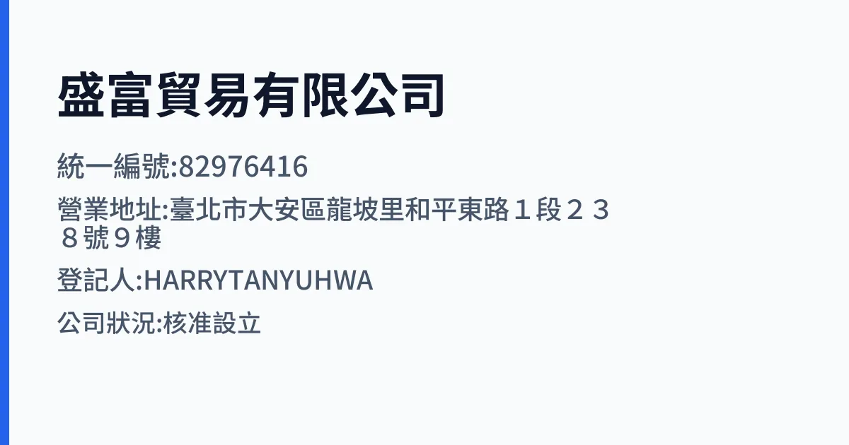 盛富貿易有限公司 - 統編 82976416(臺北市) 公司登記資料與營業項目詳細圖表