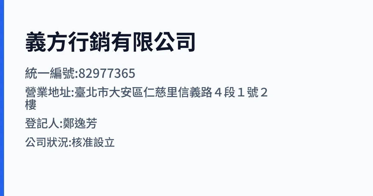 義方行銷有限公司 - 統編 82977365(臺北市) 公司登記資料與營業項目詳細圖表