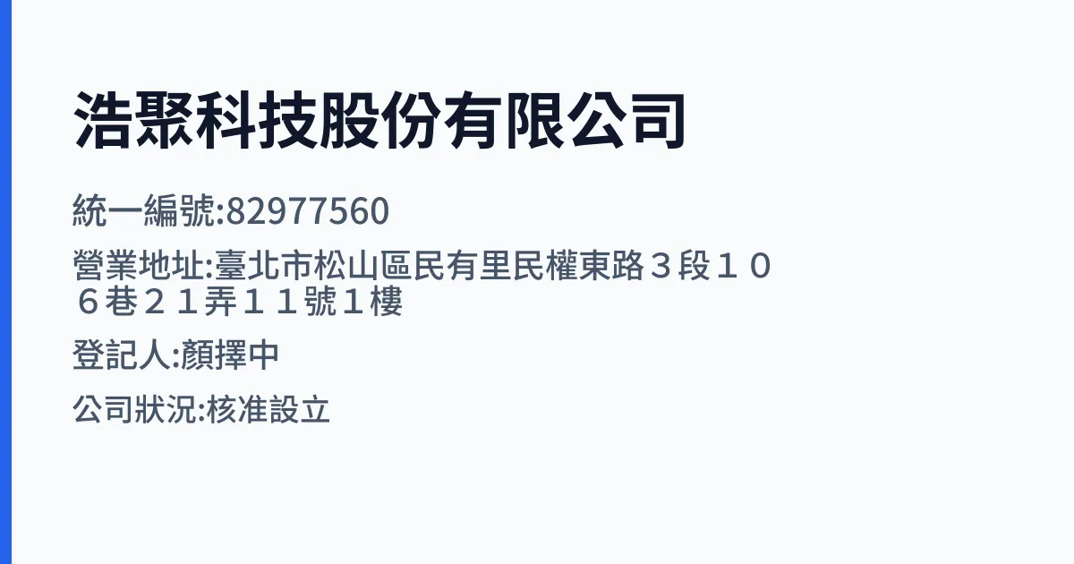 浩聚科技股份有限公司 - 統編 82977560(臺北市) 公司登記資料與營業項目詳細圖表
