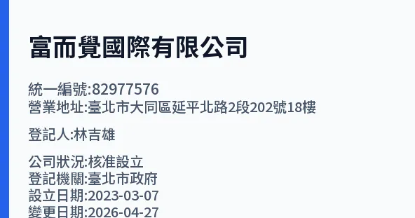 富而覺國際有限公司的照片-統編 82977576(臺北市) 公司登記資料與營業項目詳細圖表