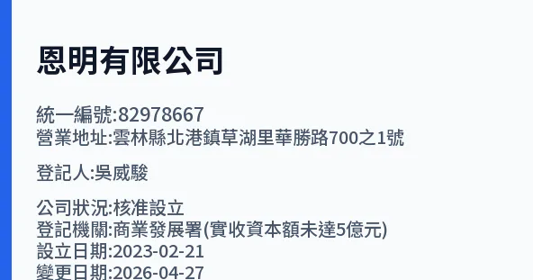 恩明有限公司的照片-統編 82978667(雲林縣) 公司登記資料與營業項目詳細圖表