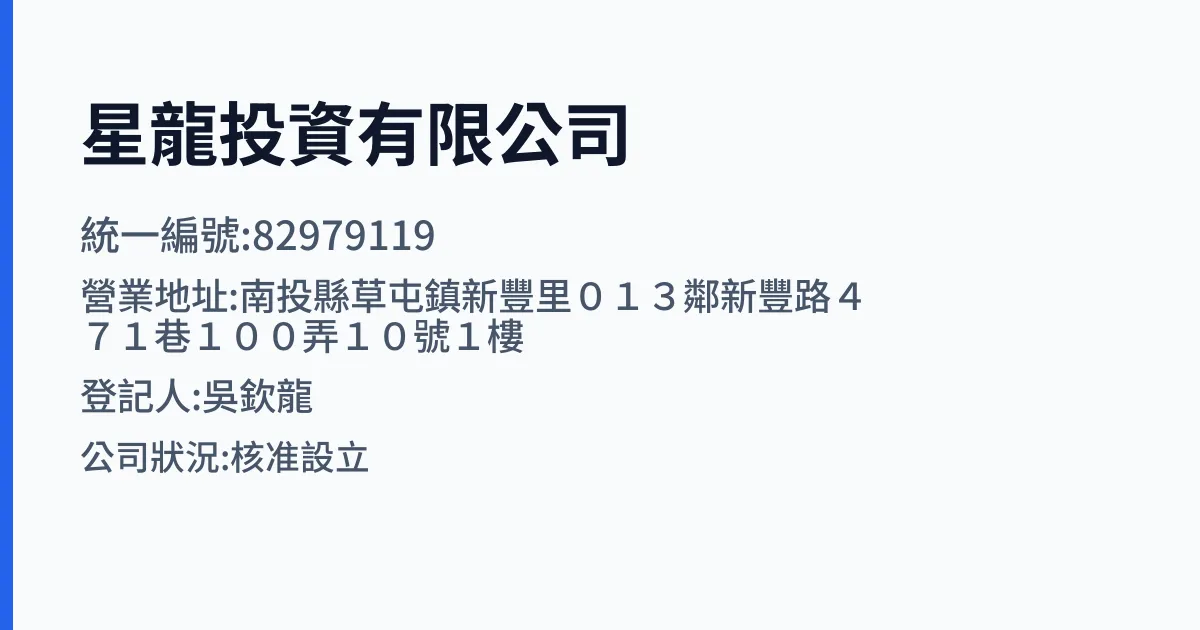 星龍投資有限公司 - 統編 82979119(南投縣) 公司登記資料與營業項目詳細圖表