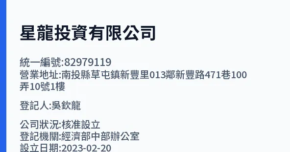 星龍投資有限公司的照片-統編 82979119(南投縣) 公司登記資料與營業項目詳細圖表