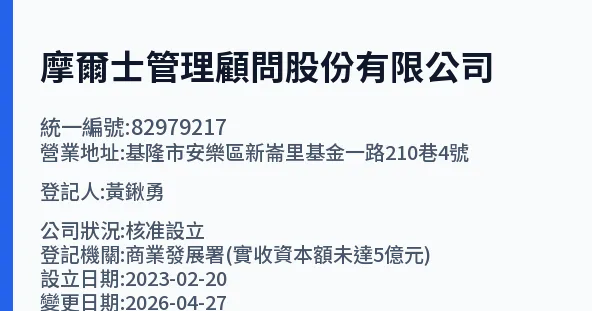 摩爾士管理顧問股份有限公司的照片-統編 82979217(基隆市) 公司登記資料與營業項目詳細圖表