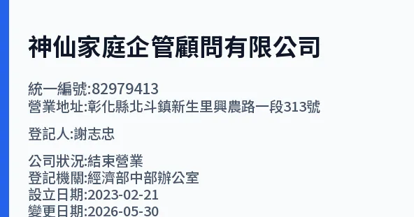 神仙家庭企管顧問有限公司的照片-統編 82979413(彰化縣) 公司登記資料與營業項目詳細圖表