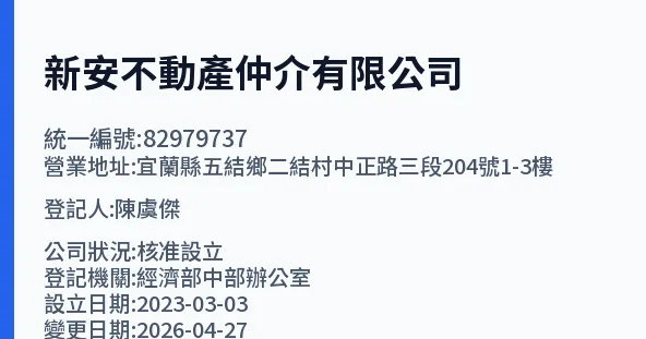 新安不動產仲介有限公司的照片-統編 82979737(宜蘭縣) 公司登記資料與營業項目詳細圖表