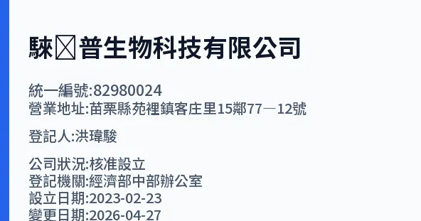 騋汣普生物科技有限公司的照片-統編 82980024(苗栗縣) 公司登記資料與營業項目詳細圖表