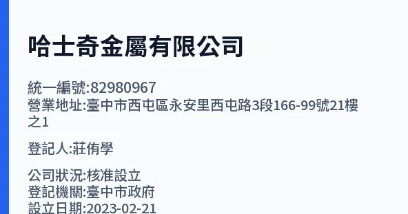 哈士奇金屬有限公司的照片-統編 82980967(臺中市) 公司登記資料與營業項目詳細圖表