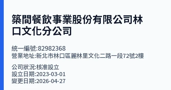 築間餐飲事業股份有限公司林口文化分公司的照片-統編 82982368(新北市) 公司登記資料與營業項目詳細圖表
