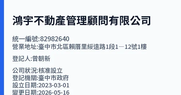 鴻宇不動產管理顧問有限公司的照片-統編 82982640(臺中市) 公司登記資料與營業項目詳細圖表