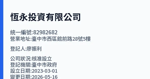 恆永投資有限公司的照片-統編 82982682(臺中市) 公司登記資料與營業項目詳細圖表