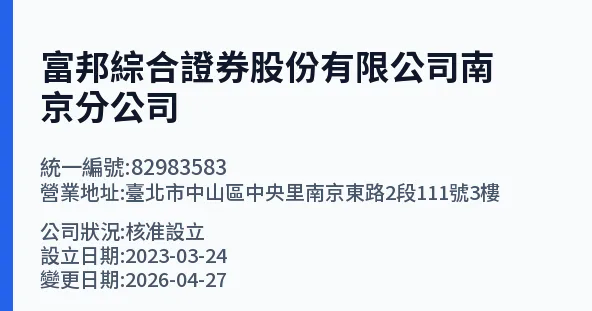 富邦綜合證券股份有限公司南京分公司的照片-統編 82983583(臺北市) 公司登記資料與營業項目詳細圖表