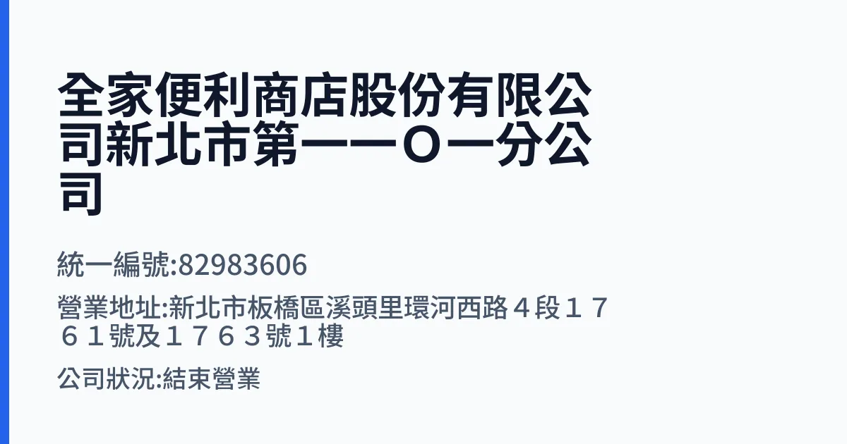 全家便利商店股份有限公司新北市第一一Ｏ一分公司 - 統編 82983606(新北市) 公司登記資料與營業項目詳細圖表