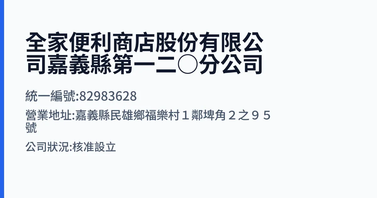 全家便利商店股份有限公司嘉義縣第一二○分公司 - 統編 82983628(嘉義縣) 公司登記資料與營業項目詳細圖表